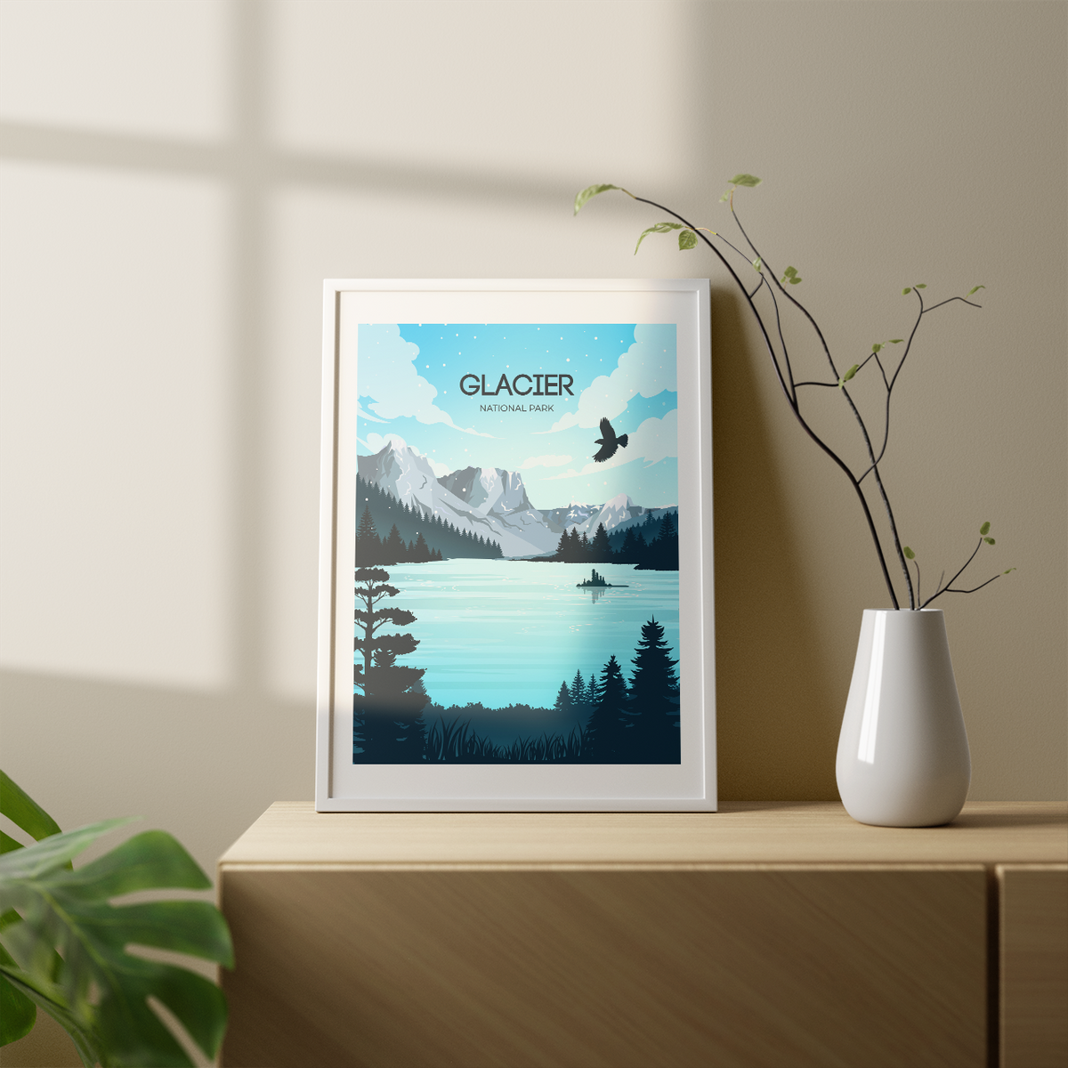 Gletscher, Nationalpark. Reisendes Plakat– Kawaink